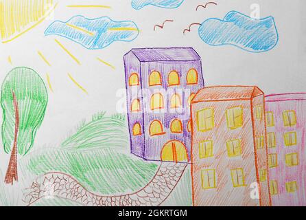 Child's drawing of buildings in city Stock Photo - Alamy