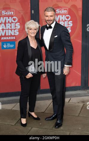 David Beckham and mother Sandra Beckham attend the Sun's Who Cares Wins ...