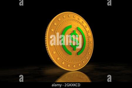 USDC cryptocurrency symbol gold USD coin on green screen background ...