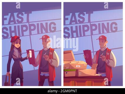 Customer receiving parcels at counter of post office. Cartoon postal ...