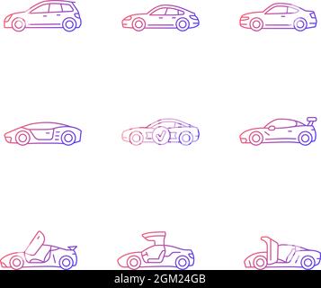 Car models linear icons set. Mustang, Corvette, Camaro, Charger ...