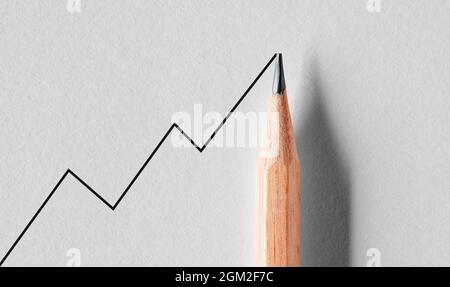 Progress analysis with a pencil drawing of a graph in a magnifying ...