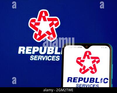 In this photo illustration, the Republic Services logo is seen ...