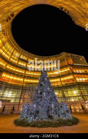 Bloomberg Tower Christmas Tree - View to the glass architecture of the ...