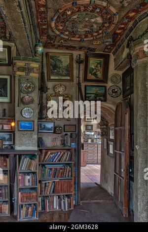 The interior view of Mercer Museum and Library with artifacts, tools ...
