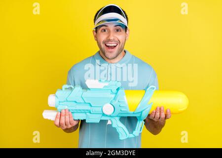 Photo of handsome stylish impressed careless guy wear green pullover ...