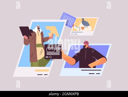 arab businesspeople in web browser windows discussing during virtual ...