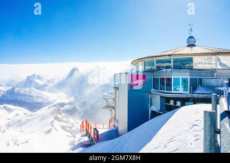 MURREN, SWITZERLAND - APRIL 12, 2018: Upper station Birg in swiss alps ...