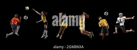 Collage of movements. Young man, volleyball player in motion, training ...
