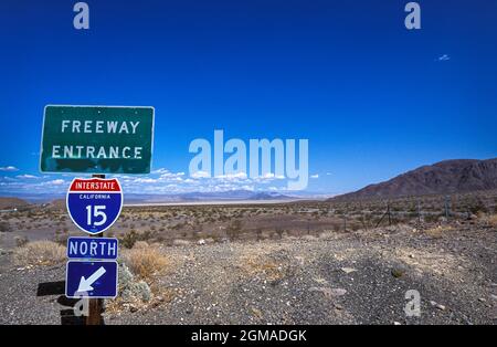 Interstate 15 freeway entrance sign in California's Mojave desert Stock ...