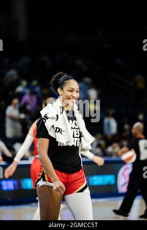 Las Vegas Aces' A'ja Wilson poses on the sidelines before an NFL ...