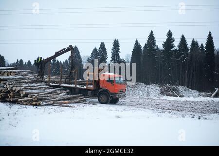A lorry transports logs in the back. Timber truck Stock Photo - Alamy