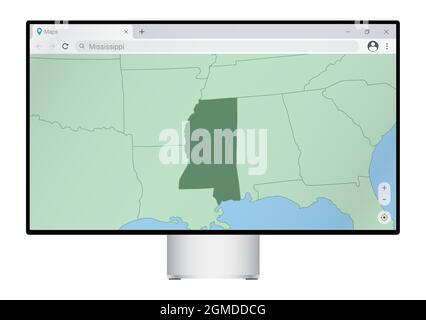 Computer monitor with map of USA in browser, search for the country of ...