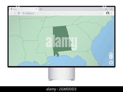 Computer monitor with map of USA in browser, search for the country of ...