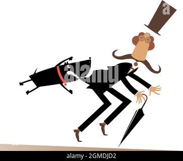 Cartoon aggressive dog and frightened man. Mustache man in the top hat ...