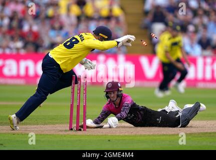 Somerset's Lewis Goldsworthy is run out by Hampshire's Lewis McManus ...