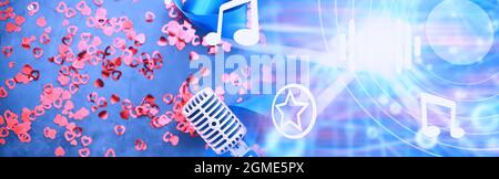 The concept of media presentations. Retro microphone on background ...