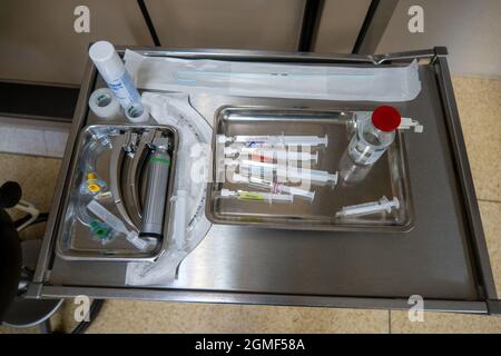 Various medications and a tube for performing intubation anesthesia are ...