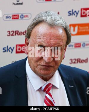 Middlesbrough manager Neil Warnock speaks to the referee at half time ...