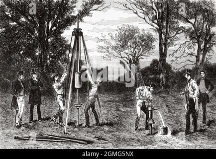 Drilling of water wells in the 19th century, English system. Old 19th ...