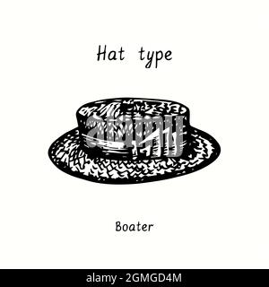 Hat type, boater. Ink black and white drawing outline illustration ...