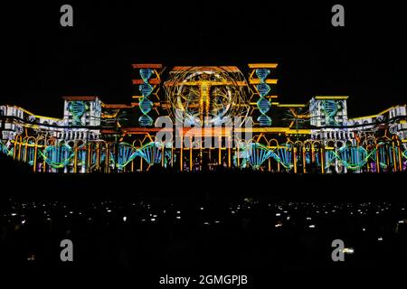 Bucharest, Romania. 18th Sep, 2021. A projection is seen on the facade ...