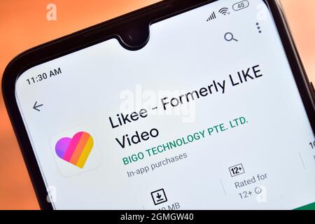 Smartphone with Likee short video sharing service logo on screen in ...