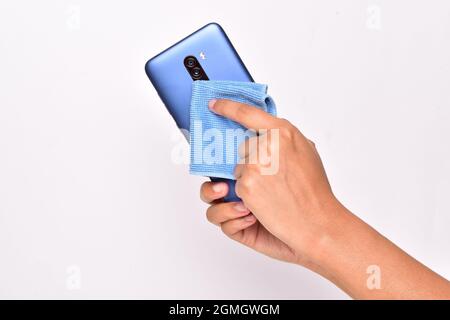 Cleaning Smartphone with Microfiber Cloth Isolated on White Background ...