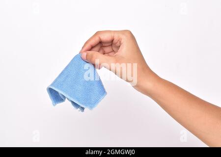 Microfiber Cloth in Hand Isolated on White Background Stock Photo - Alamy