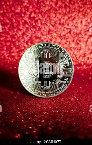 Golden Bitcoin coins on Motherboard, miner with circuit board, pool ...