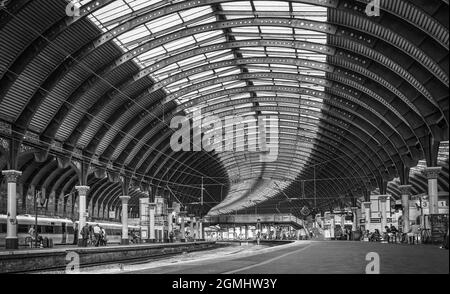 A panorama of a railway station concourse. An 18th century iron canopy ...
