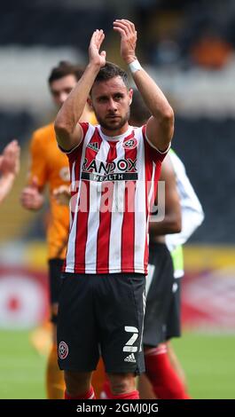 George Baldock of Sheffield Utd applauds the fans during the Premier ...