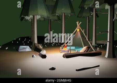 Hiking Tent and Bonfire in the forest. Camping concept. Hand drawn ...