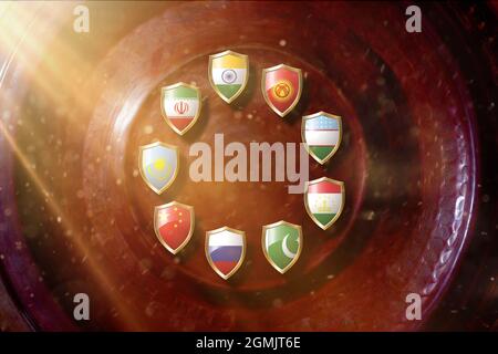 Shanghai Cooperation Organization (SCO) countries flags in golden ...