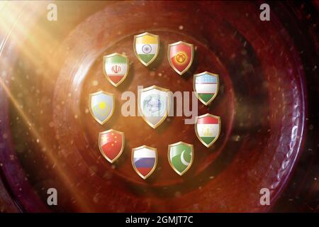 Shanghai Cooperation Organization (SCO) countries flags in golden ...