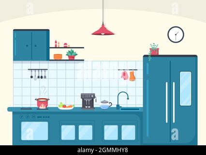 Kitchen Room Background Vector Illustration with Furniture, Equipment ...