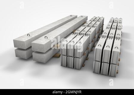 Prefabricated concrete materials, cement panels and tubes on a white ...
