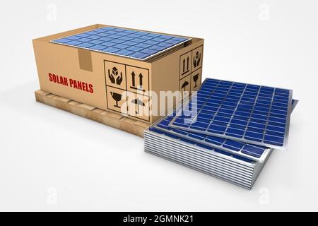 photovoltaic solar panel inside cardboard box on white background, 3D ...