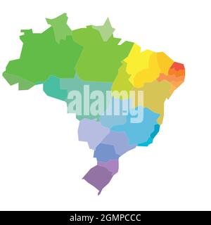 Colorful blank political map of Brazil. States divide by color into 5 ...