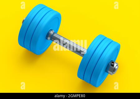 Metal dumbbell with yellow disks isolated on blue background. 3d ...