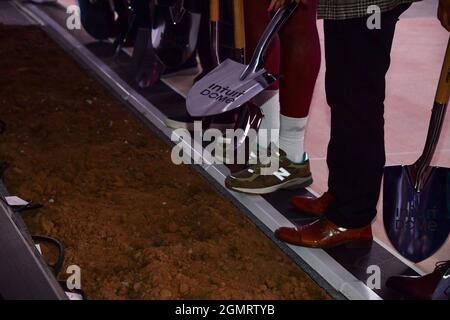 Detailed view of shovels during a groundbreaking ceremony for the new ...