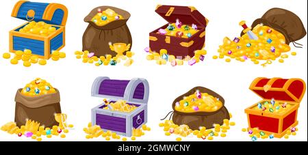 Treasure chest and bag. Chests with coins and gem stones, money bags ...