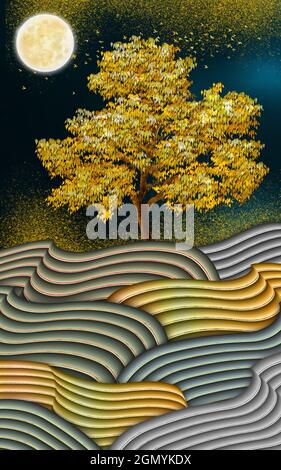 A 3D rendering of a wavy golden texture isolated on a white background ...