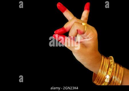 Woman hand showing Bhramara hasta (hand gesture also called mudra ...