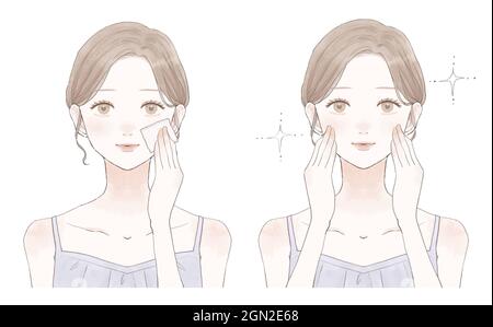 A woman's before and after taking facial sebum with a piece of paper ...