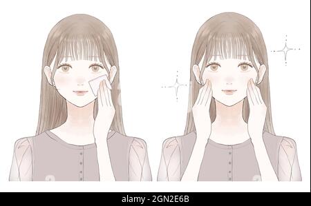 A woman's before and after taking facial sebum with a piece of paper ...