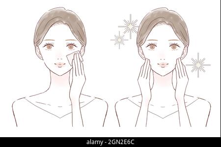 A woman's before and after taking facial sebum with a piece of paper ...