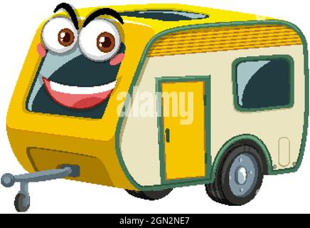 Camper trailers with face expression cartoon character on white ...