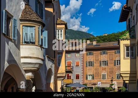 Characteristic houses of the ancient medieval center of Egna. The ...