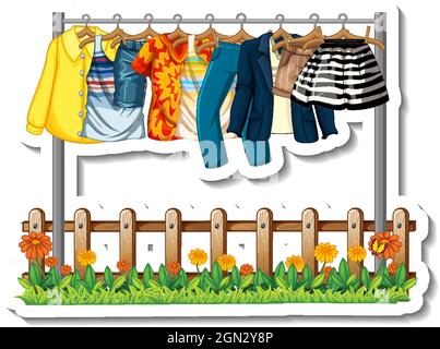A sticker template of Clothes racks with many clothes on hangers on ...